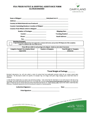 Fillable Online dairylandlabs FDA Prior Notice Assistance Form ...