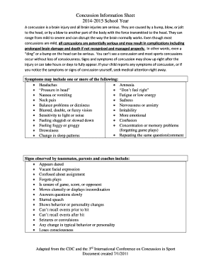 Fillable Online Concussion Information Sheet 2014-2015 School Year Fax ...