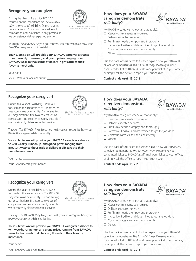 Fillable Online Recognize your caregiver How does your BAYADA caregiver ...