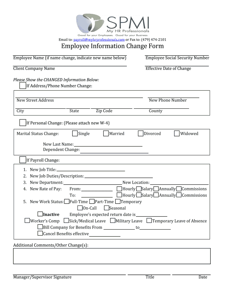 Fillable Online Employee Change Form - My HR Professionals Fax Email Print - pdfFiller