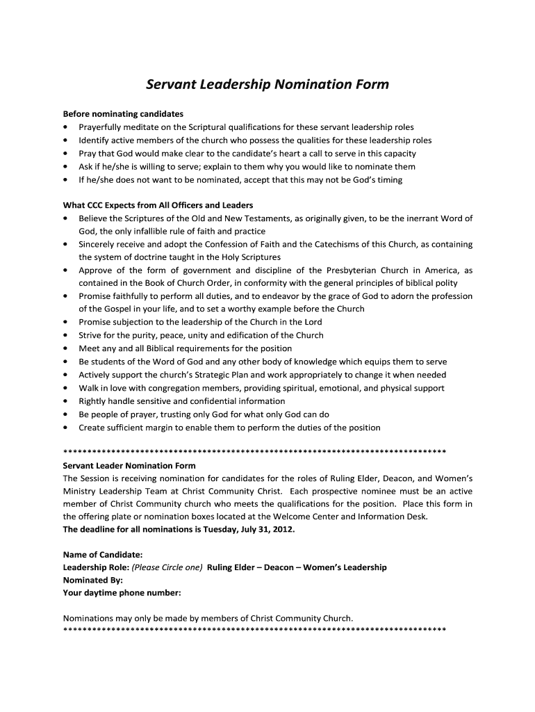 Fillable Online christcommunitychurchmedia Servant Leader Nomination ...