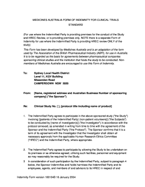 Fillable Online MEDICINES AUSTRALIA FORM OF INDEMNITY FOR CLINICAL ...