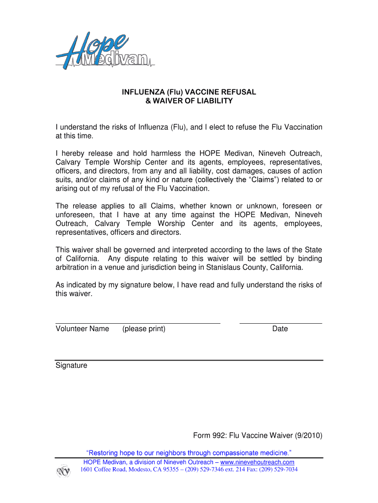 Fillable Online INFLUENZA Flu VACCINE REFUSAL amp WAIVER OF LIABILITY ...