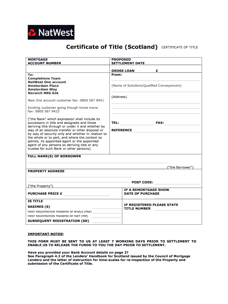 Fillable Online Certificate of Title Scotland CERTIFICATE OF TITLE Fax ...