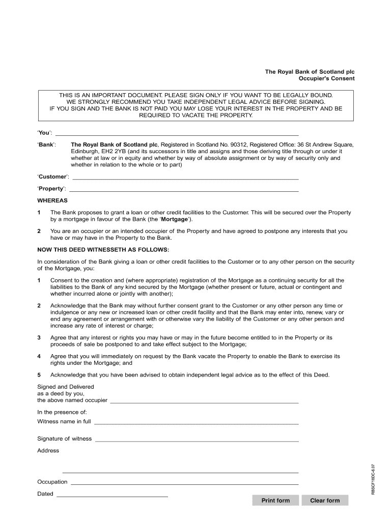 Fillable Online RBS Offset Flexible Mortgage Occupiers Consent editable ...