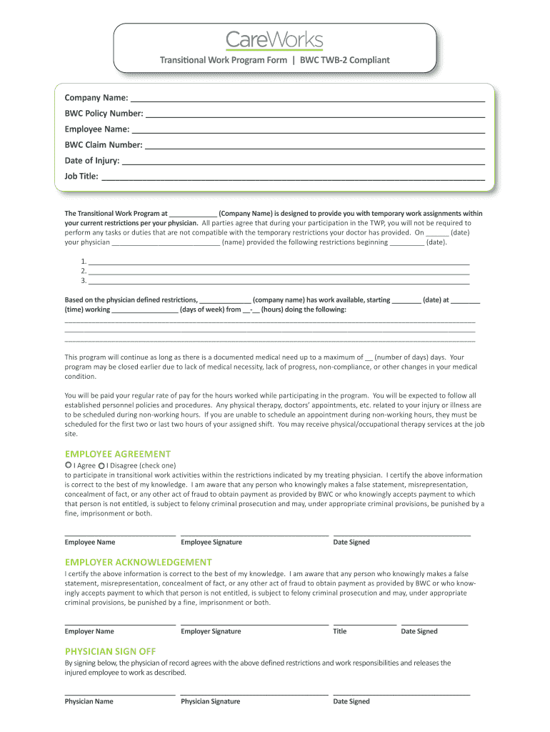 Fillable Online Transitional Work Program Form BWC TWB2 Compliant Fax ...