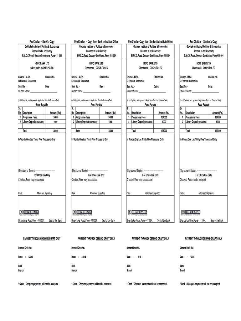 Fillable Online gipe ac HDFC Bank Challan - Gokhale Institute of ...