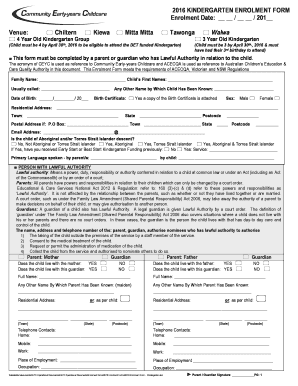 Fillable Online awcc edu 2016 KINDERGARTEN ENROLMENT FORM Enrolment Fax Email Print - pdfFiller