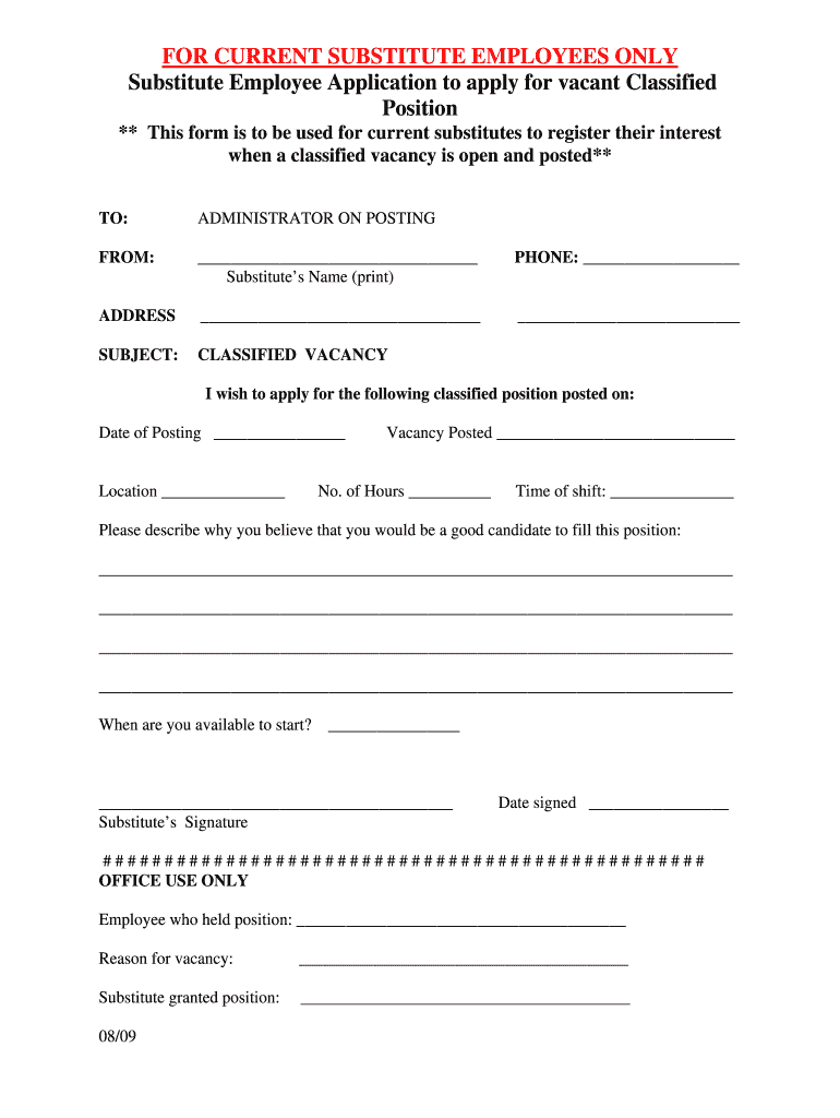 Fillable Online coventryschools FOR CURRENT SUBSTITUTE EMPLOYEES ONLY ...