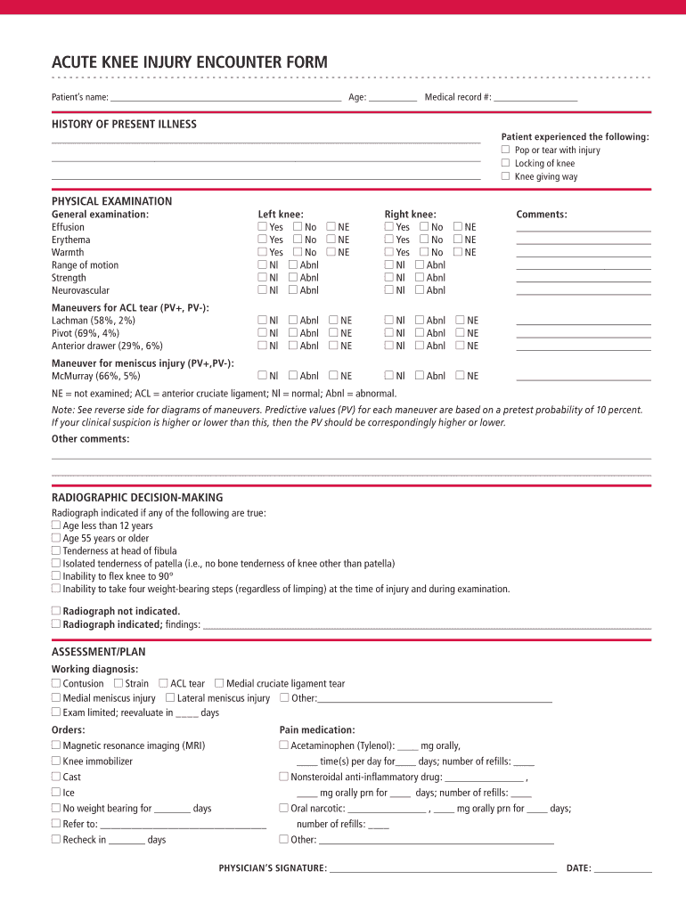 Fillable Online ACUTE KNEE INJURY ENCOUNTER FORM - bccdimagerbbnetb Fax ...