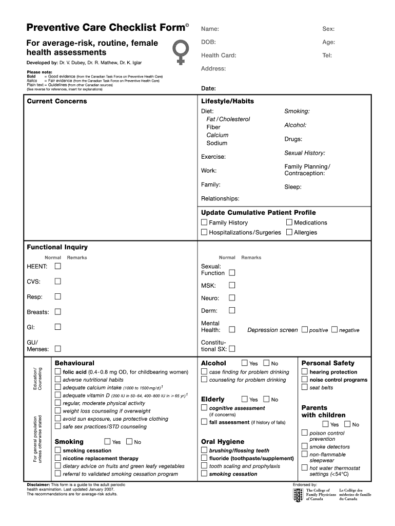 Fillable Online Preventative Care ChecklistFemale ENG Fax Email Print ...