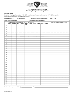 Fillable Online COOLING or FREEZER Unit Monthly Temperature Log Sheet ...