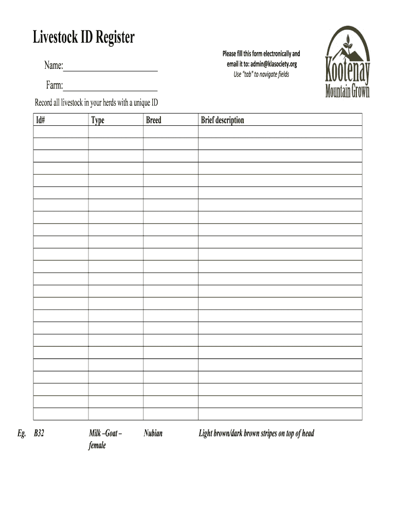 Fillable Online klasociety Livestock ID Register - Kootenay Local ...