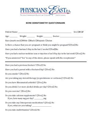 Fillable Online BONE DENSITOMETRY QUESTIONNAIRE - Physicians East Fax ...