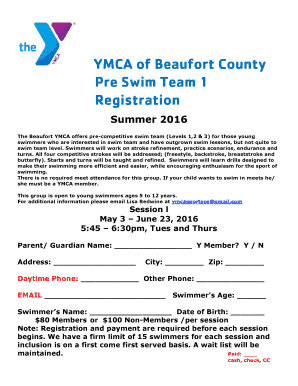 Fillable Online YMCA of Beaufort County Pre Swim Team 1 Registration ...