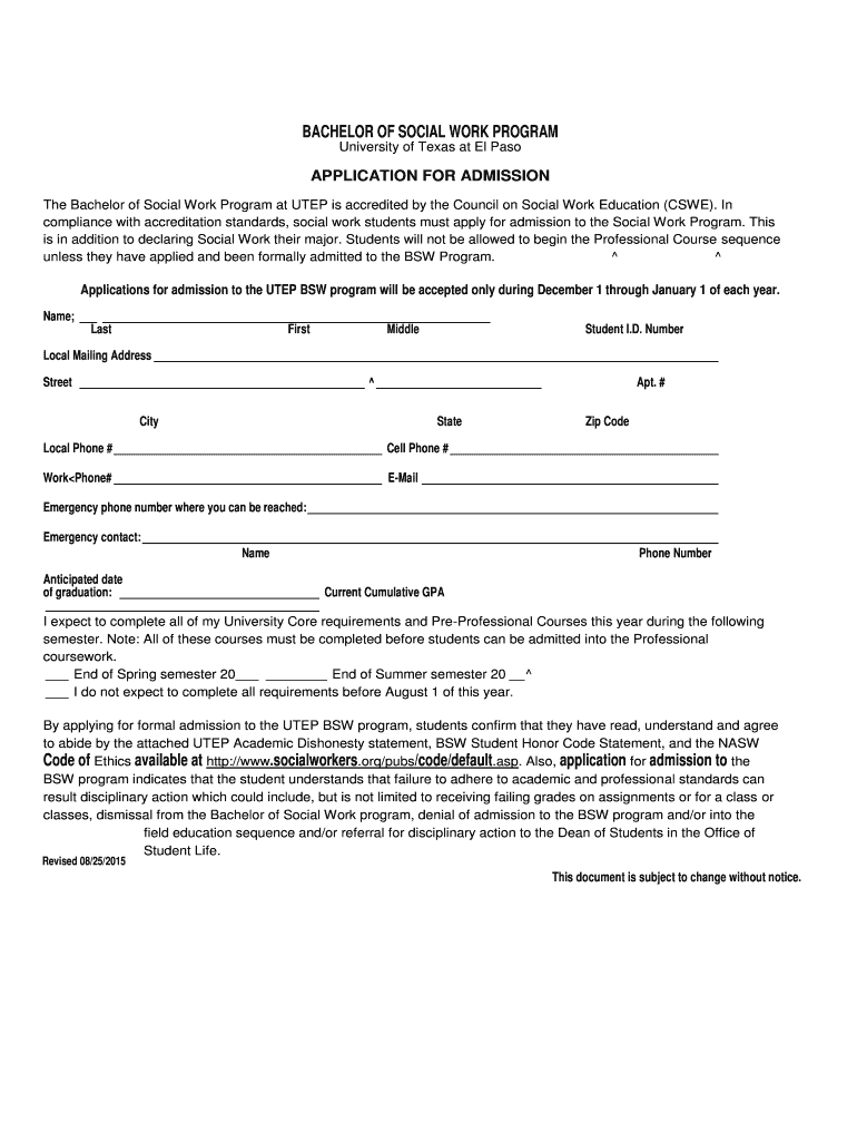 Fillable Online socialwork utep BACHELOR OF SOCIAL WORK PROGRAM ...