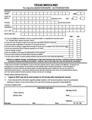 Fillable Online 2015 Flu Questionnaire - Texas MedClinic Fax Email ...