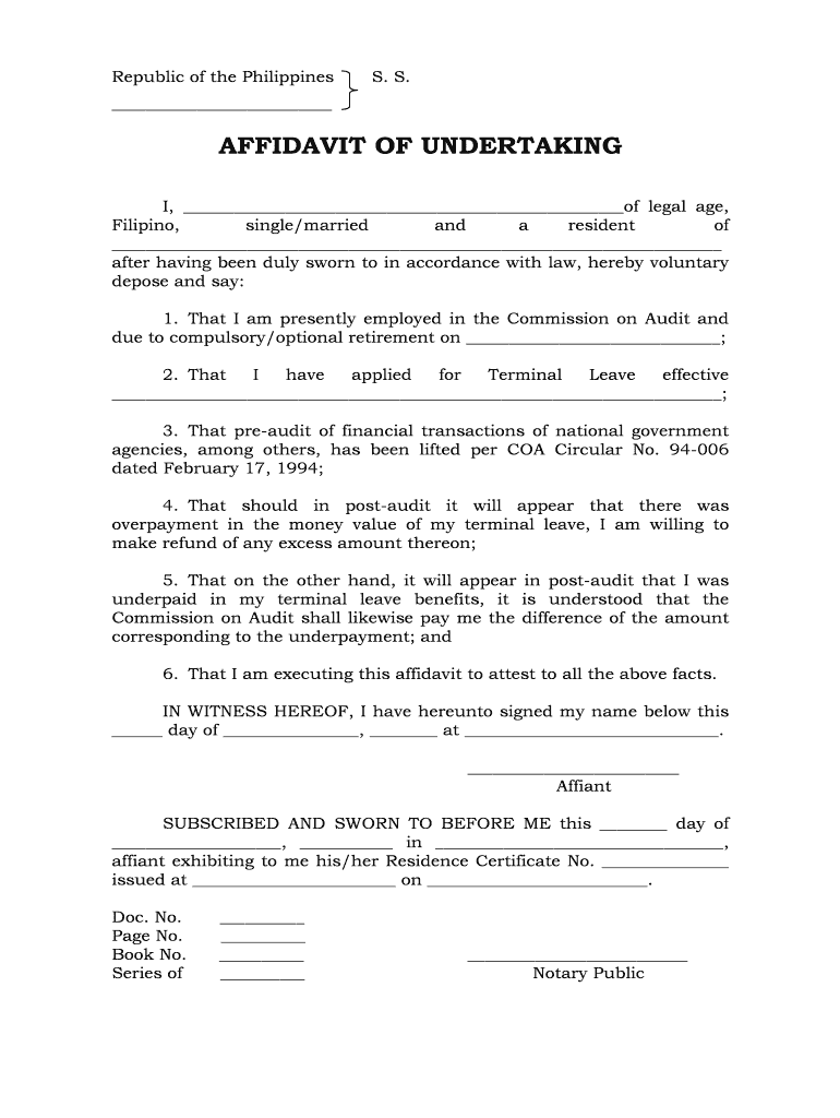 Fillable Online bucor gov Affidavit of Undertaking - Bureau of ...