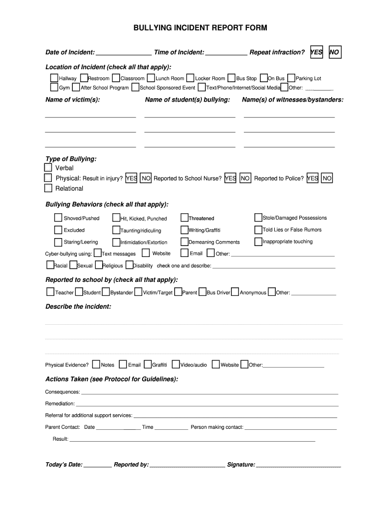 Fillable Online BULLYING INCIDENT REPORT FORM - mvcsdus Fax Email Print ...