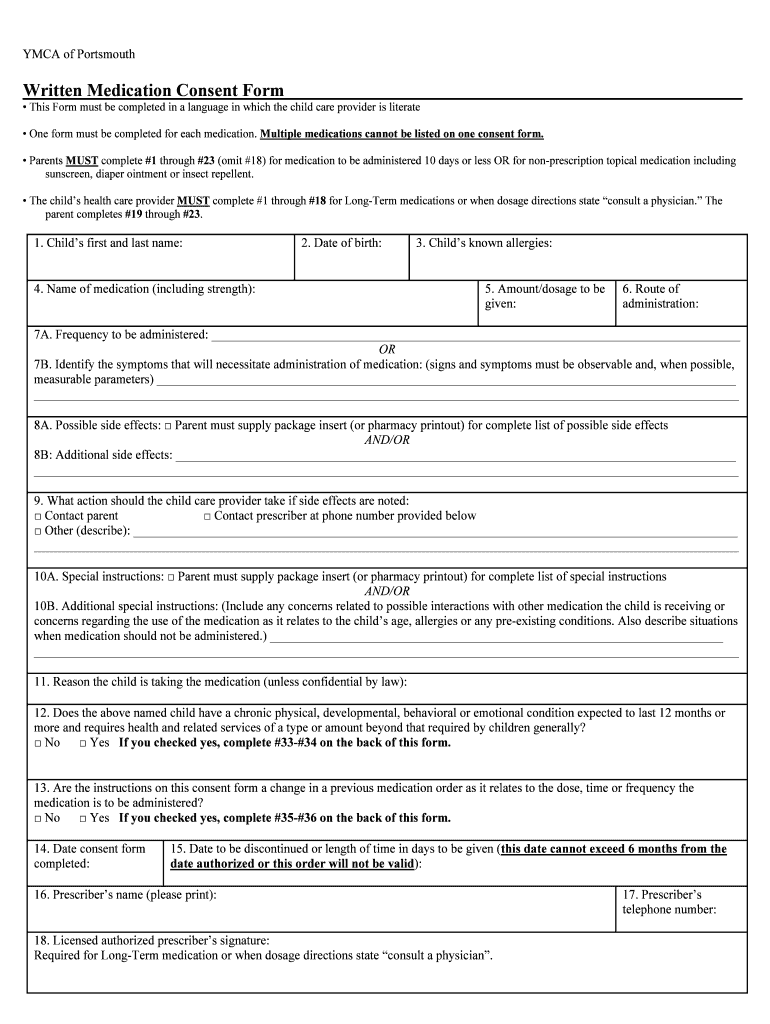 Fillable Online portsmouthymca Written Medication Consent Form ...