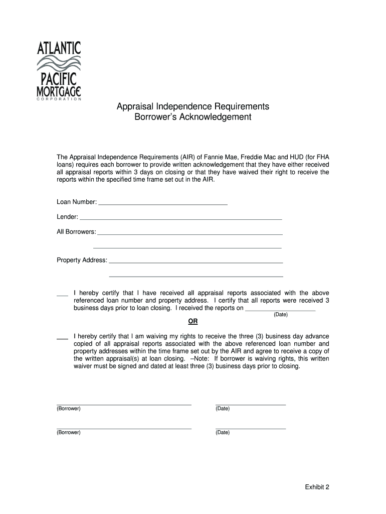 Fillable Online Appraisal Independence Requirements Borrowers ...