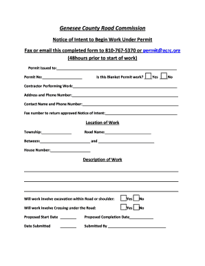 Fillable Online Genesee County Road Commission Notice of Intent to Begin Work Under Permit Fax ...