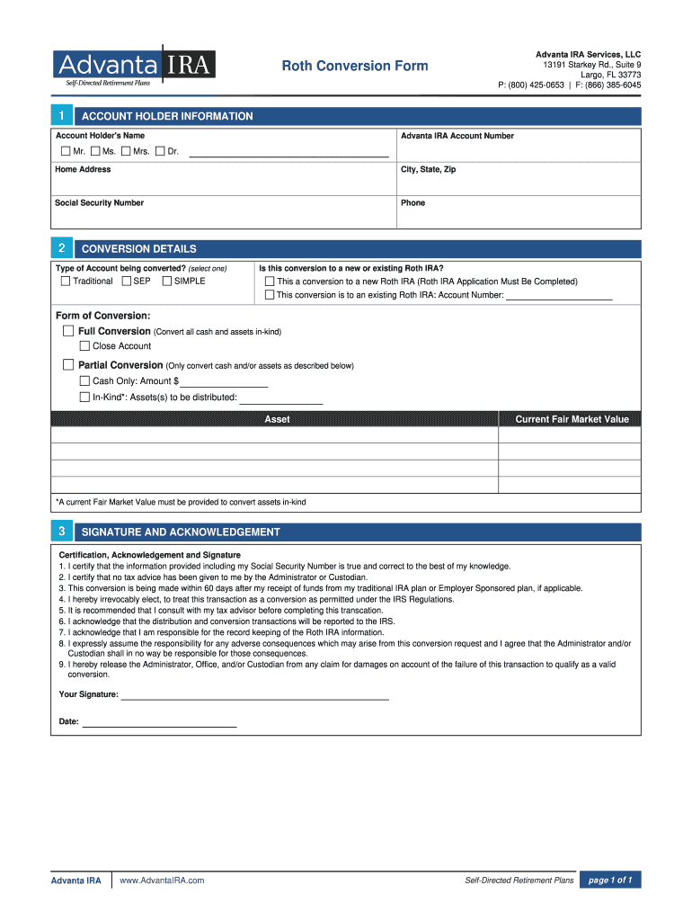 Fillable Online Advanta IRA Services LLC Roth Conversion Form Largo FL ...