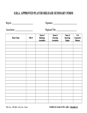 Fillable Online ORA APPROVED PLAYER RELEASE SUMMARY FORM Fax Email ...