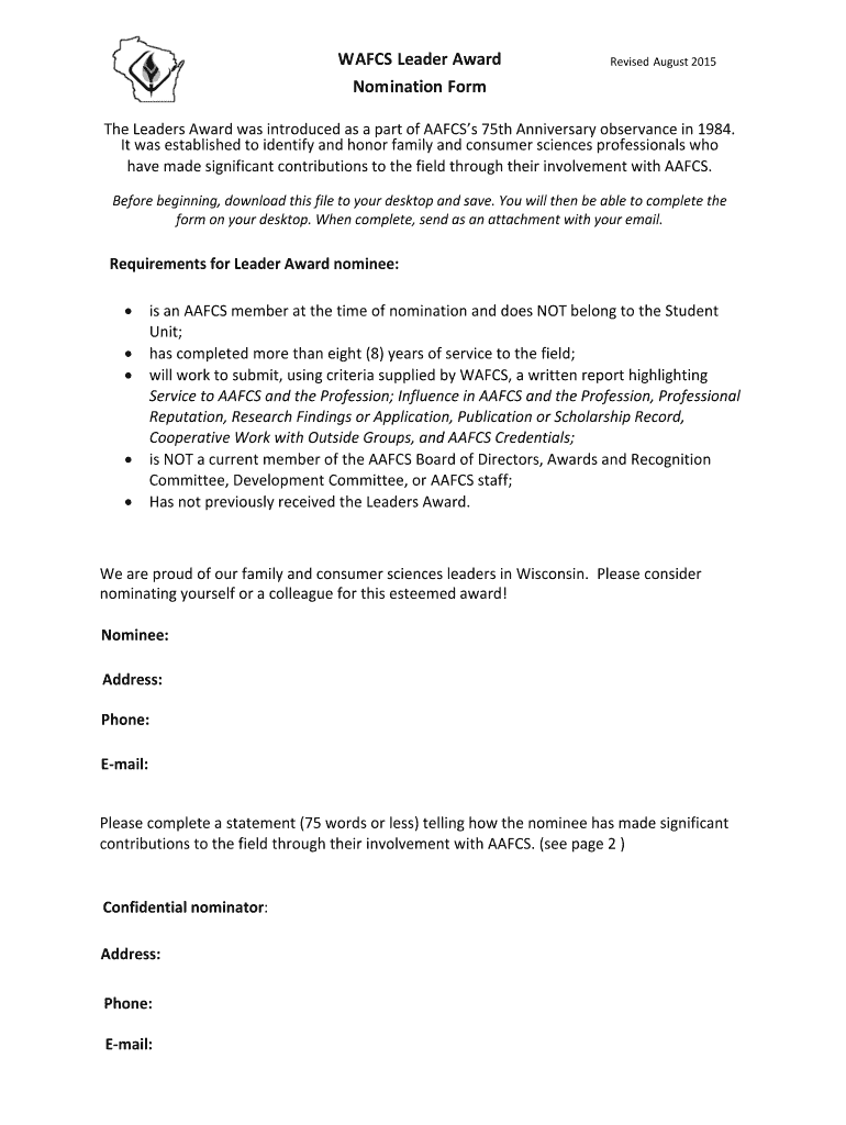 Fillable Online wafcs WAFCS Leader Award Nomination Form Fax Email Print - pdfFiller