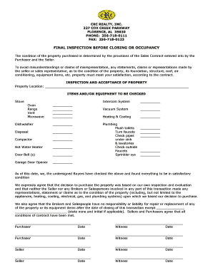 Fillable Online FINAL INSPECTION BEFORE CLOSING OR OCCUPANCY Fax Email ...