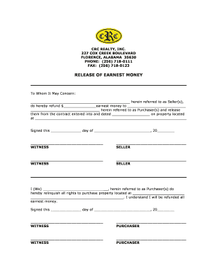 Fillable Online Earnest Money Form - bcrcrealtyincbbcomb Fax Email ...