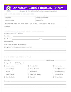 Fillable Online triumphch ANNOUNCEMENT REQUEST FORM - triumphchorg Fax ...