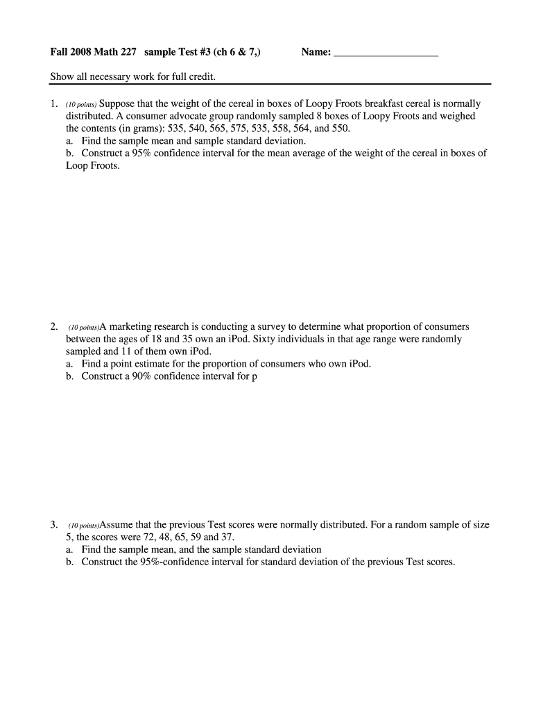 Fillable Online Fall 2008 Math 227 sample Test 3 ch 6 amp 7 Name Fax ...