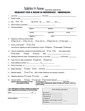 Fillable Online REQUEST FOR A ROOM IN RESIDENCE - IMMERSION Fax Email ...