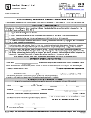 Fillable Online financialaid missouri 20152016 Identity Verification ...