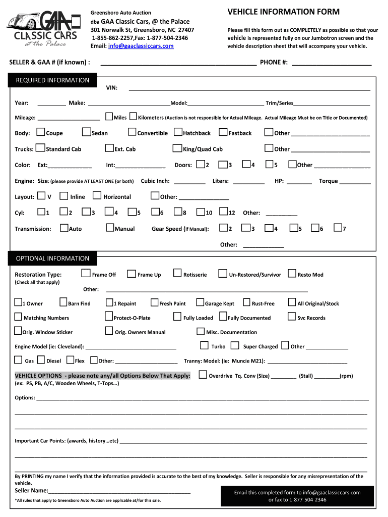 Fillable Online VEHICLE INFORMATION FORM - GAA Classic Cars Fax Email ...