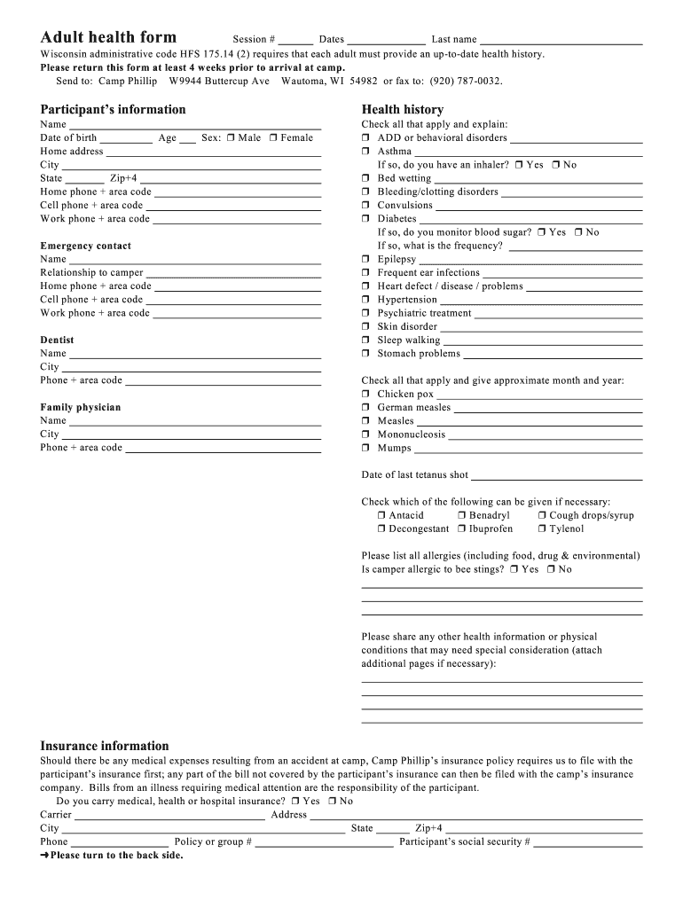 Fillable Online Adult health form - Camp Phillip Fax Email Print ...