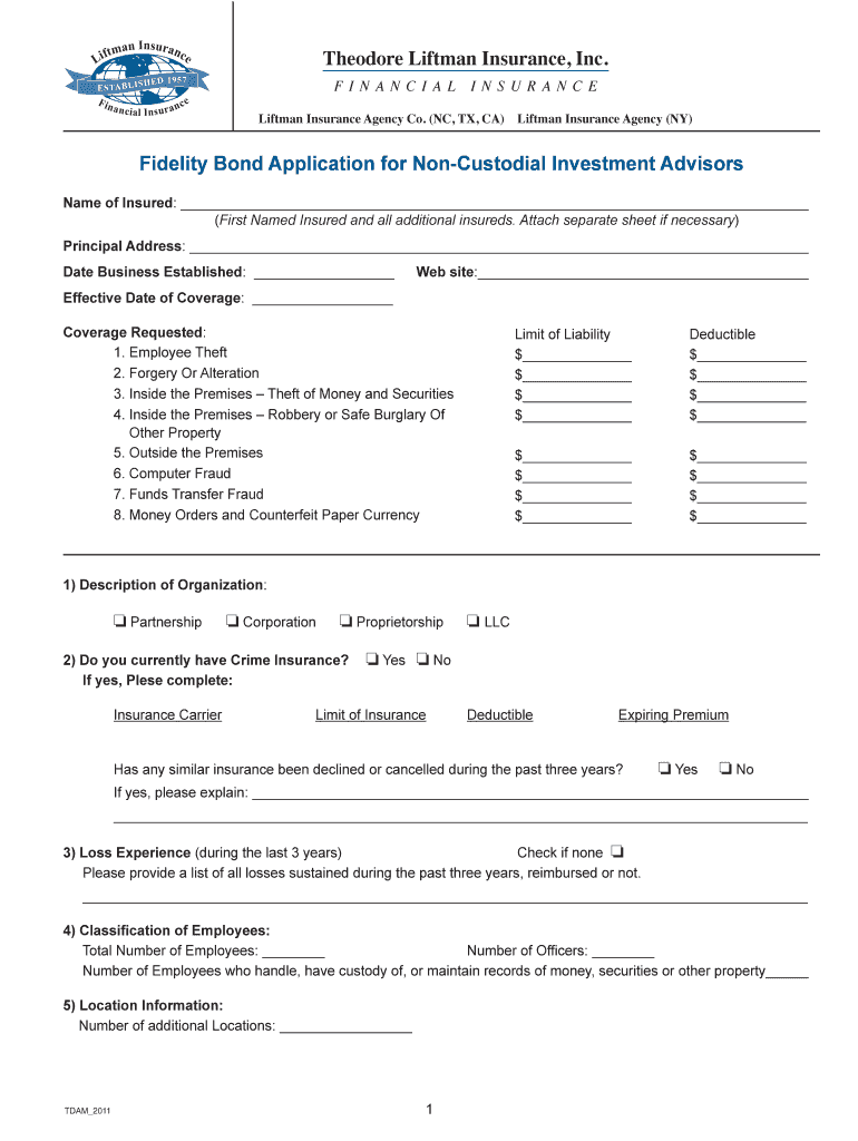 Fillable Online Fidelity Bond Application for Non-Custodial ... - Liftman Insurance Fax Email ...