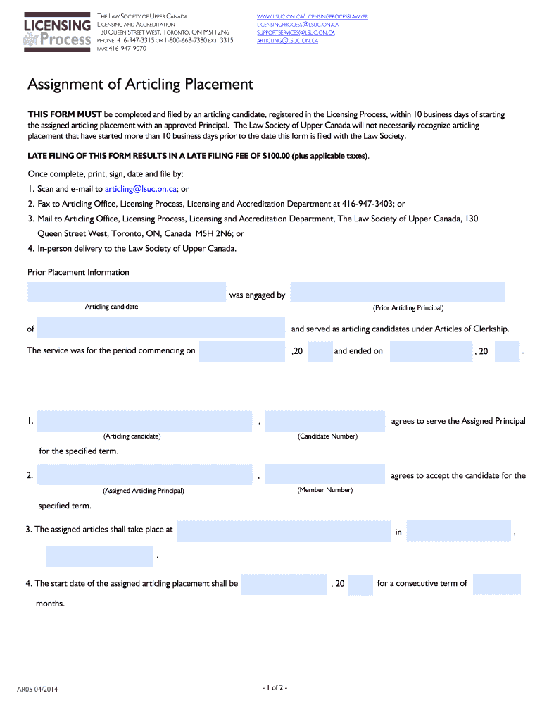 Fillable Online rc lsuc on Assignment of Articling Placement Assignment ...
