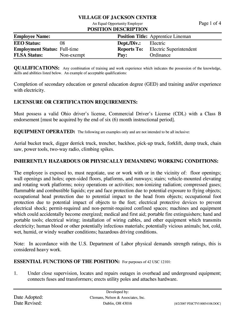 Fillable Online Apprentice / Journeyman Lineman Position Description Link Fax Email Print ...