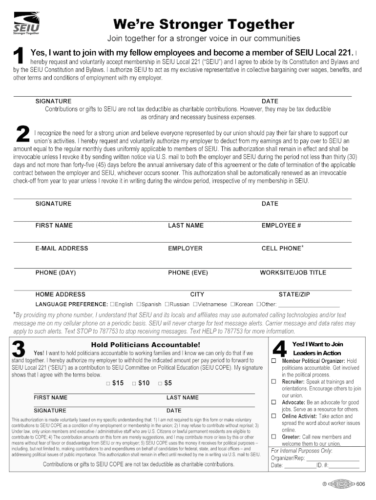 Fillable Online seiu221 Were Stronger Together - SEIU Local 221 ...