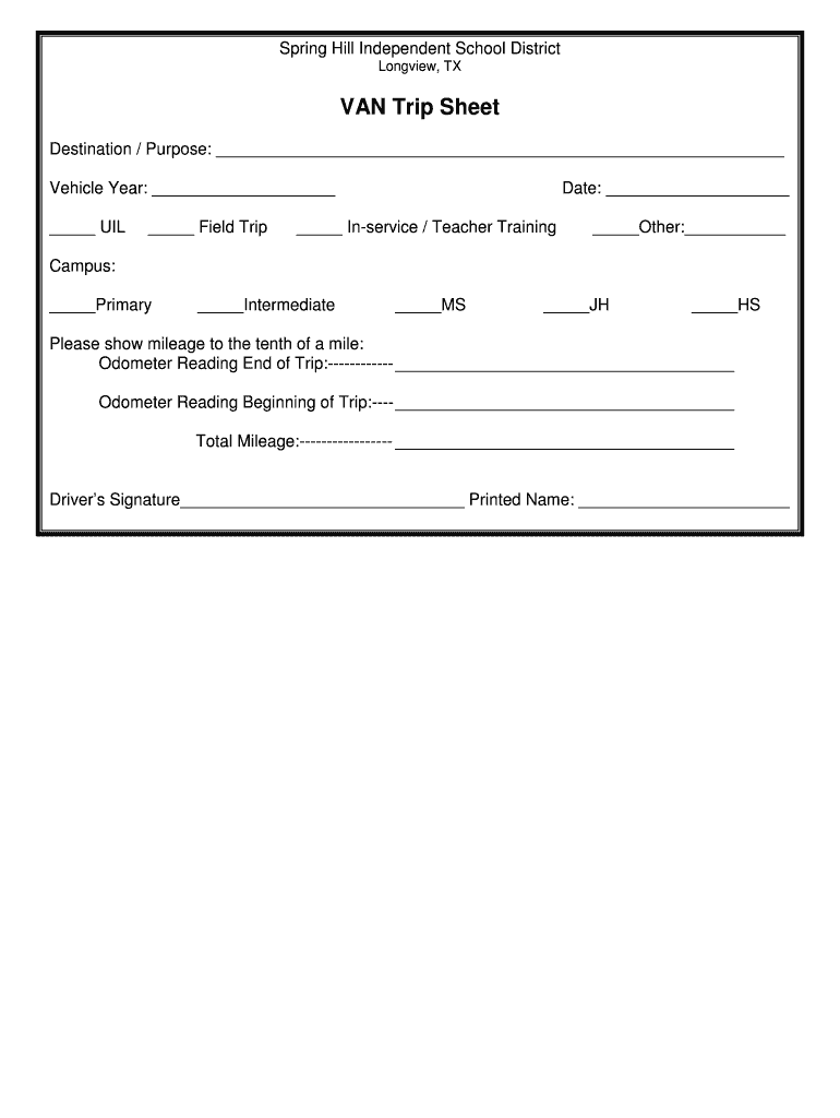 Fillable Online shisd VAN Trip Sheet Fax Email Print - pdfFiller