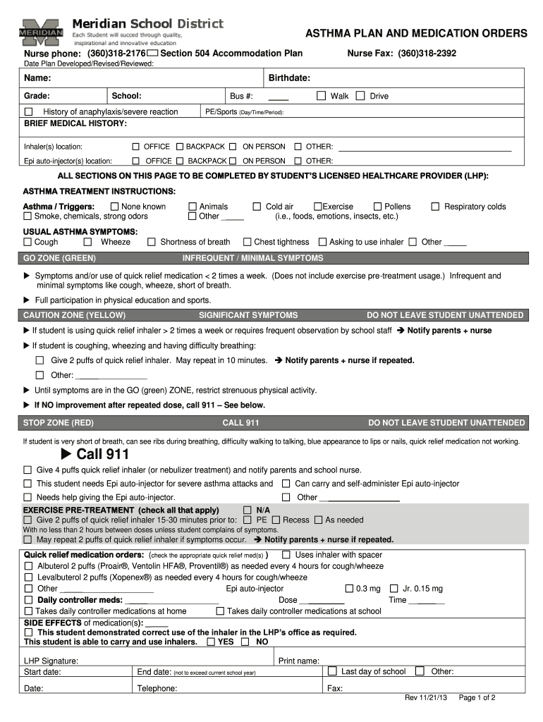 Fillable Online meridian wednet ASTHMA PLAN AND MEDICATION ORDERS Nurse ...