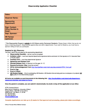 Fillable Online Observership Application Checklist Observer Name Email ...