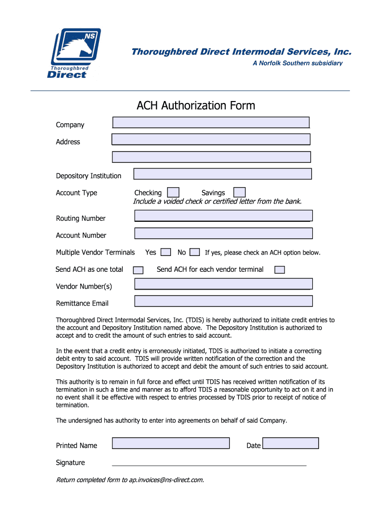 Fillable Online ACH Authorization Form - bnsb-bdirectbbcomb Fax Email ...
