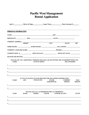 Fillable Online Pacific West Management Rental Application Fax Email ...