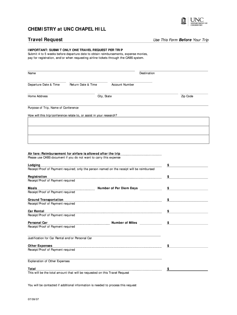Fillable Online CHEMISTRY at UNC CHAPEL HILL Travel Request Use This ...