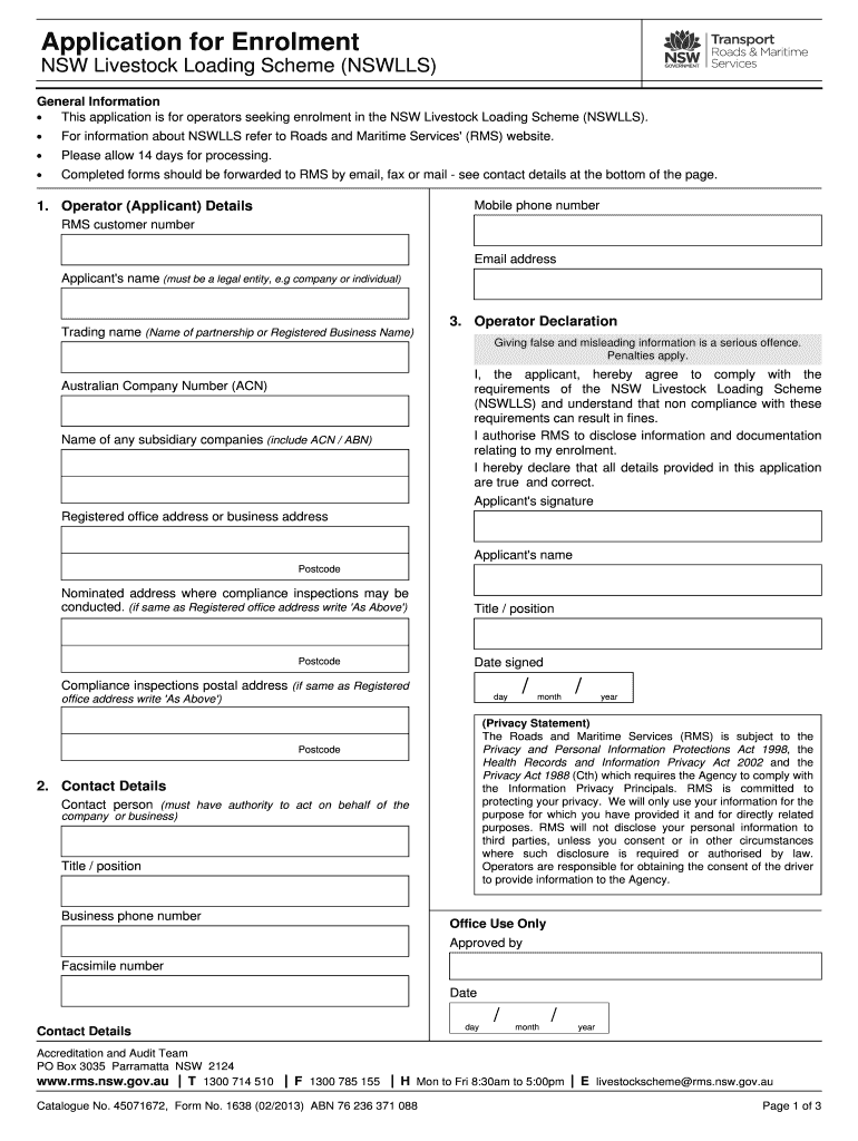 Fillable Online Application for Enrolment - NSW Livestock Loading ...