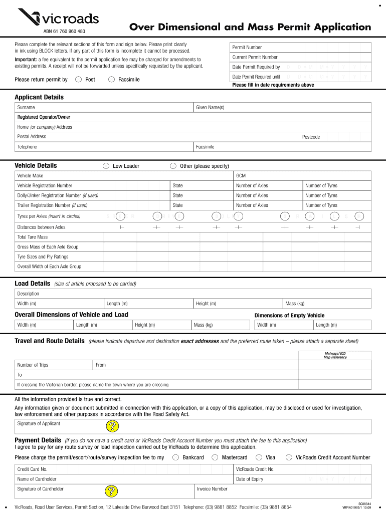 Fillable Online Over Dimensional and Mass Permit Application ABN 61 760 ...