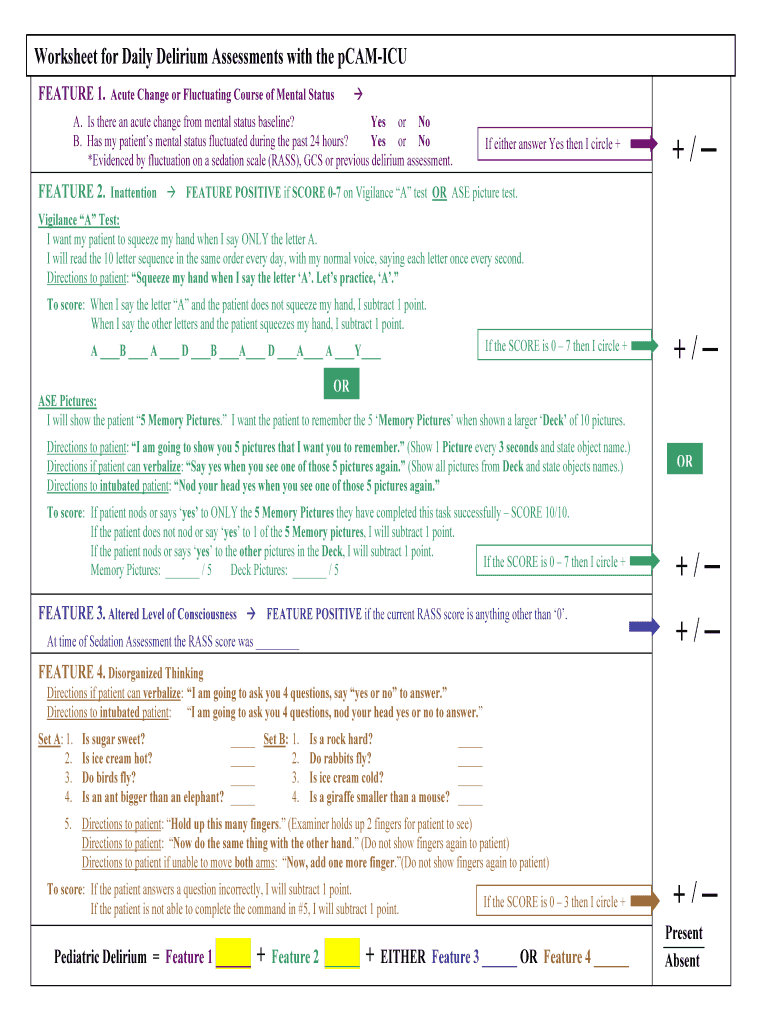 Fillable Online Worksheet for Daily Delirium Assessments with the pCAM ...